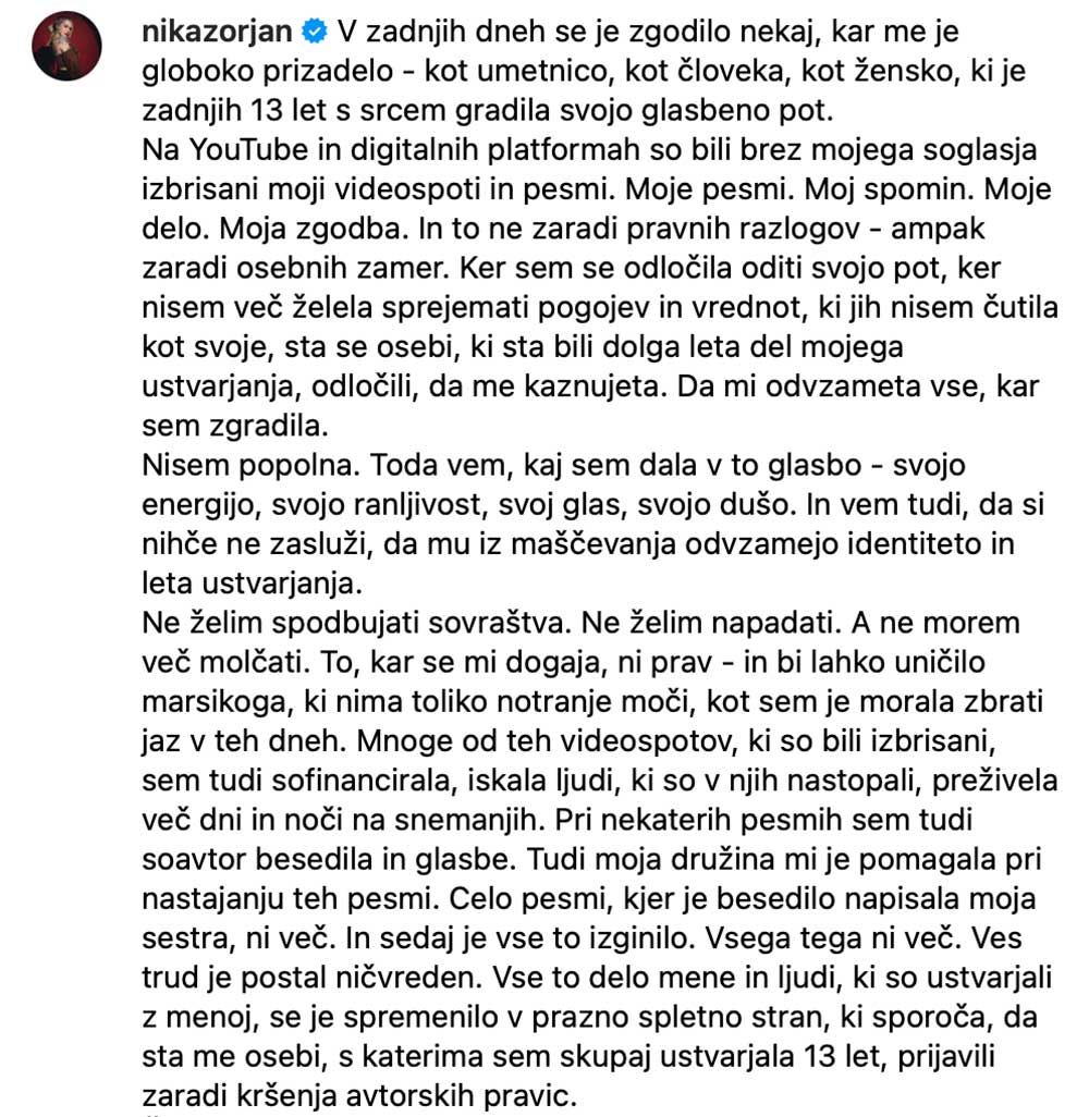 Izbrisana, a ne utišana: Nika Zorjan spregovorila o boleči izgubi svojih pesmi - VideoSvet.si